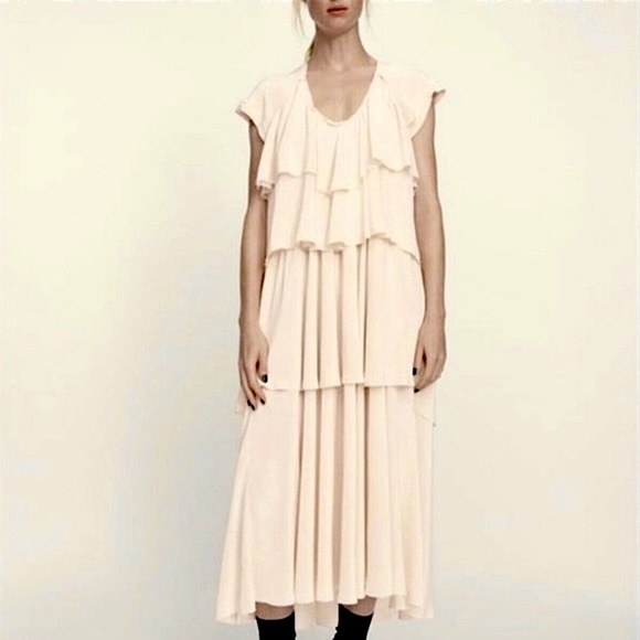 Zara | Dresses | New Zara Studio Collection Cream Ruffled Midi Maxi ...